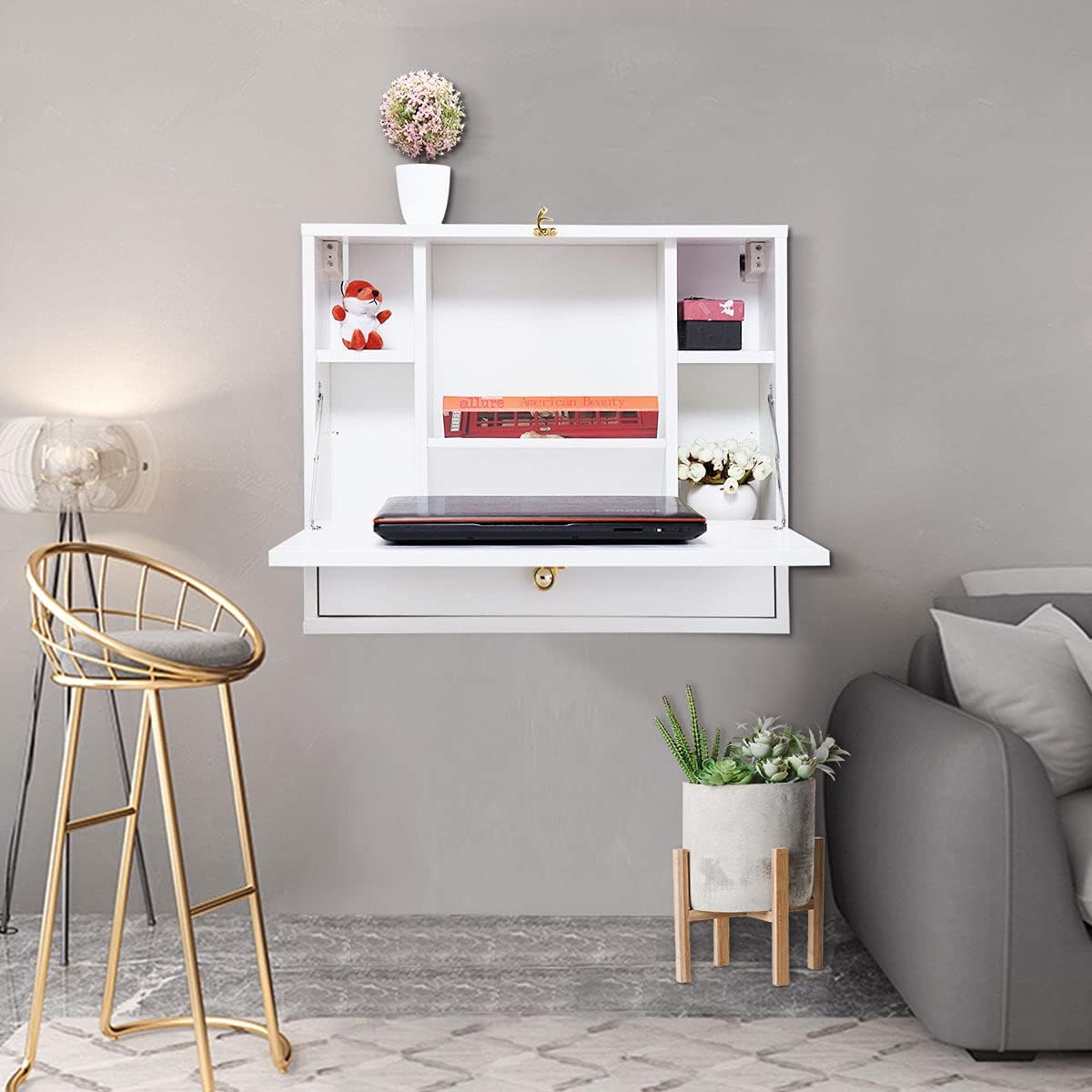 Amazon.com: Foldable Wall-mounted Laptop Desk with Drawer and Shelf ...