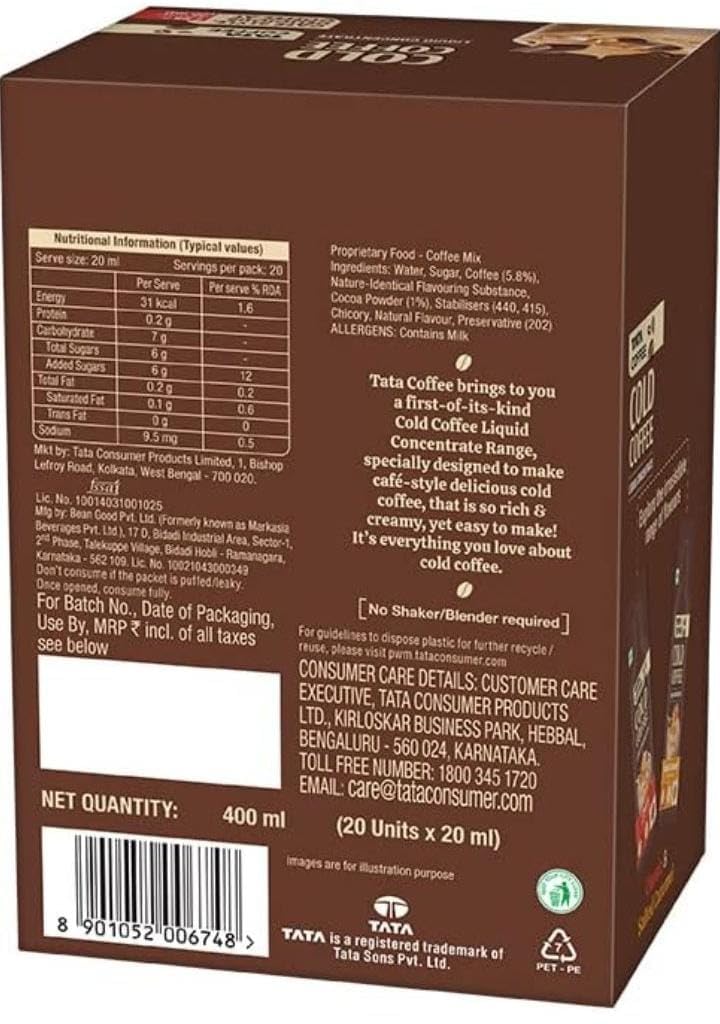 Tata Coffee Cold Coffee, Liquid Concentrate, Sachet, 400Ml, 20 Sachets ...