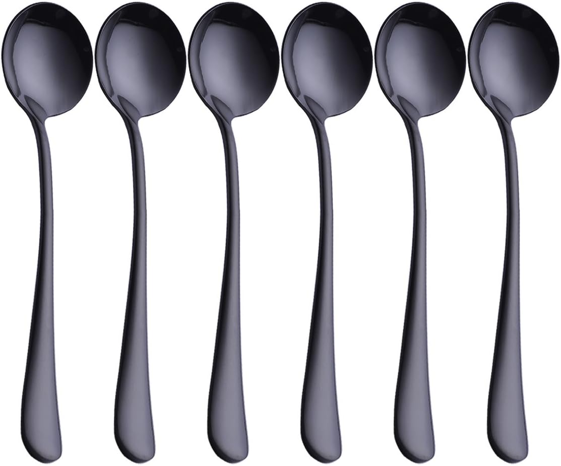 Amazon.com: Black 6 Piece Round Soup Spoon 6.6-inch Stainless Steel ...