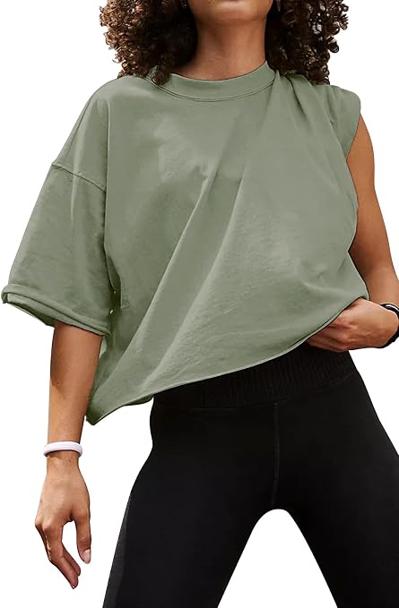 Women's Oversize Workout Crop Tops Casual Short Sleeve Drop Shoulder ...