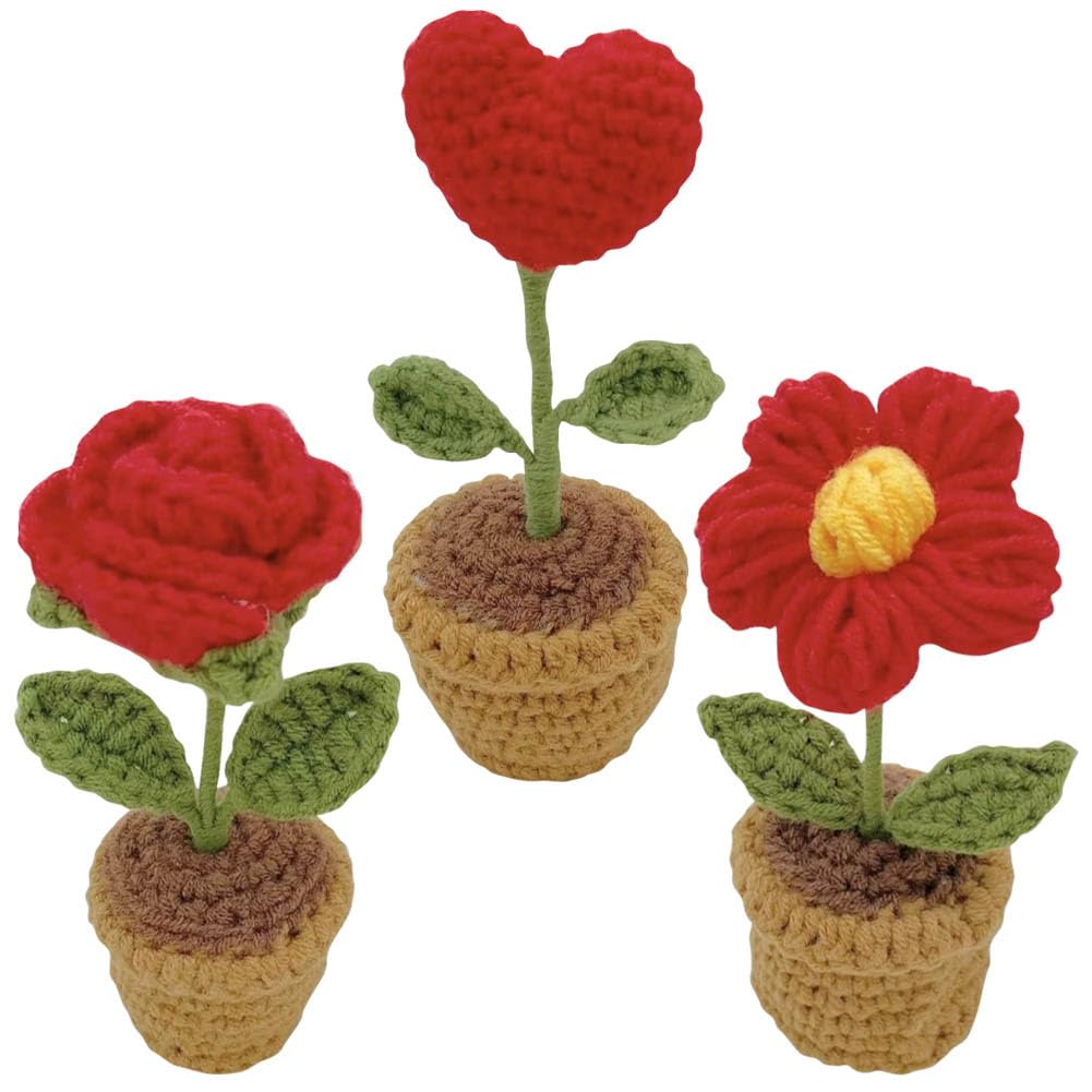 Amazon.com: JOONOR 3PCS Mini Crochet Rose Potted Plant,Hand Knitted Red ...