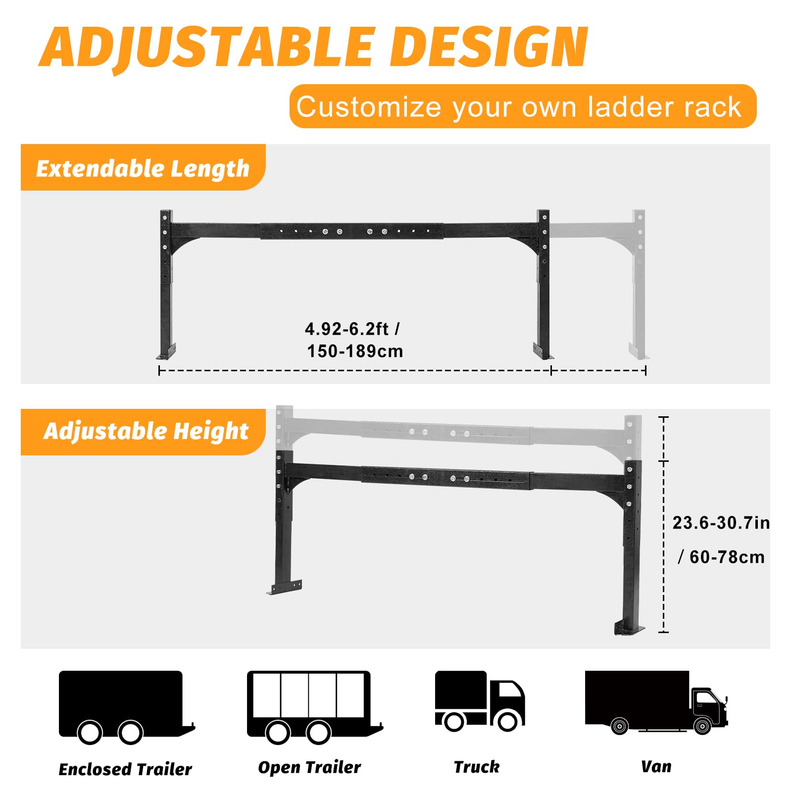 Snapklik.com : Adjustable Trailer Ladder Rack, 4.92FT To 6.2FT Carbon ...