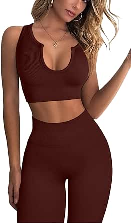 Amazon.com: QINSEN Workout Outfits for Women 2 Piece Ribbed Seamless Crop Tank High Waist Yoga ...