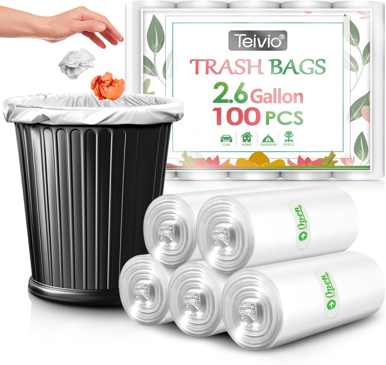 Amazon.com: 2.6 Gallon 100 Counts Strong Trash Bags Garbage Bags by ...