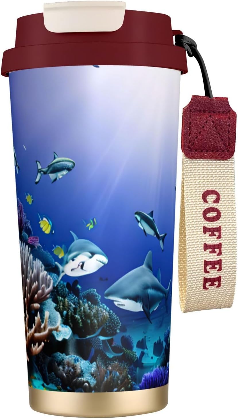 Amazon.com: Shark Swimming Under The Sea Print Travel Coffee Mug, Dual ...