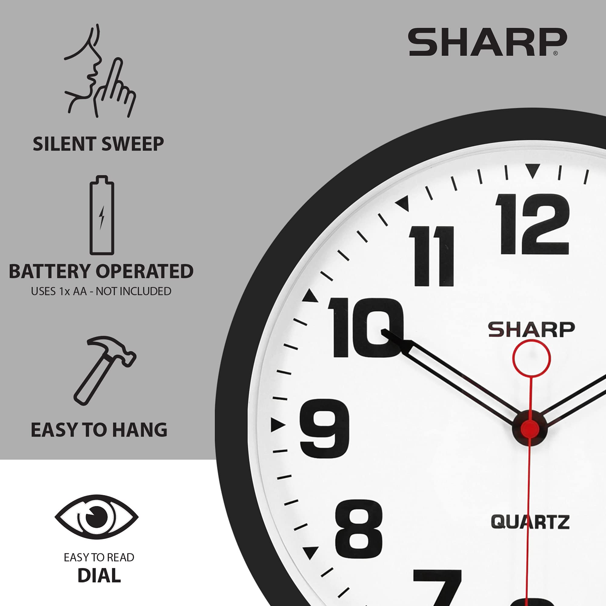 Snapklik.com : SHARP Matte Black Wall Clock 12" Inch Silent Non-Ticking ...