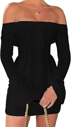 Women Sexy See Through Floral Lace Mini Dress Mesh Sheer Off Shoulder ...
