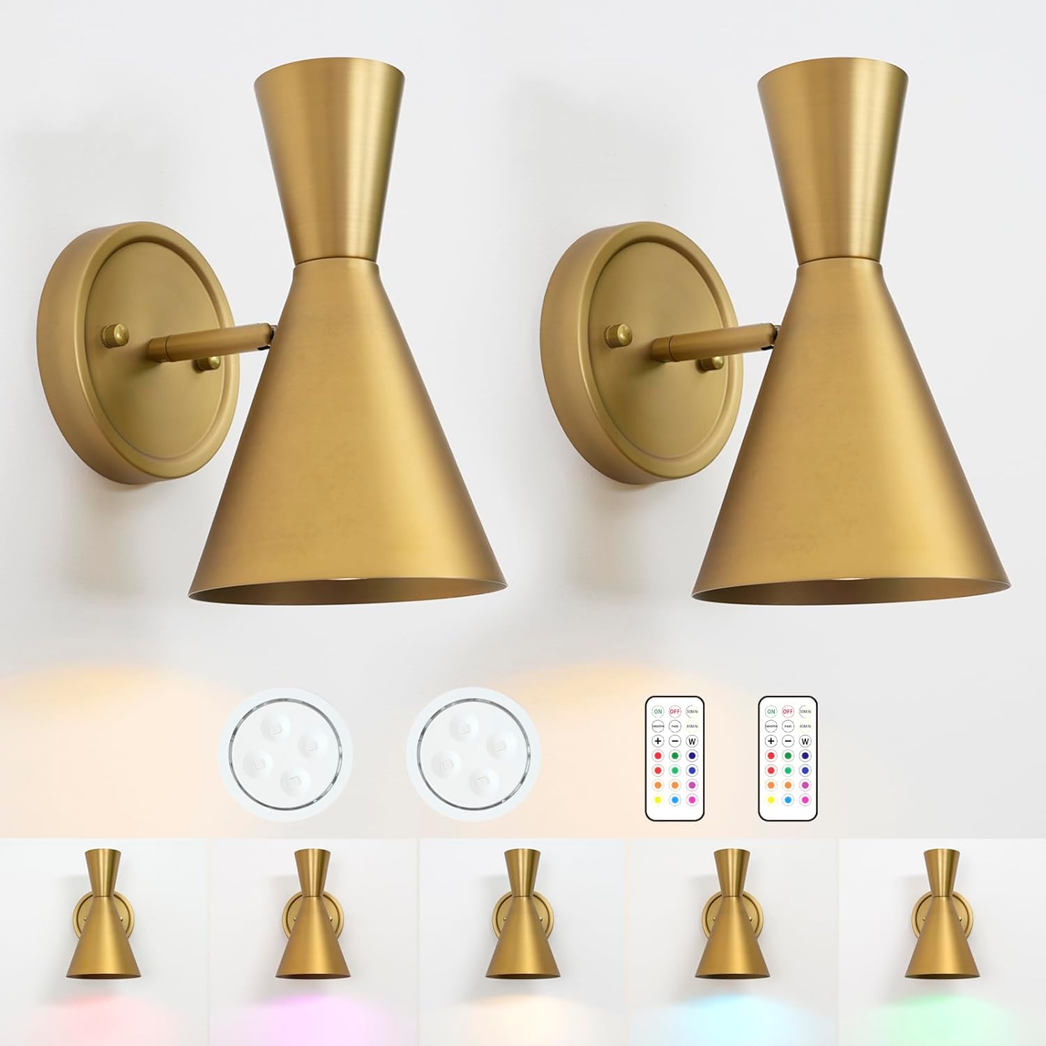 HEQIQEH Modern Adjustable Battery Powered Wall Sconces Set of 2 with Flared Funnel Metal Shade ...