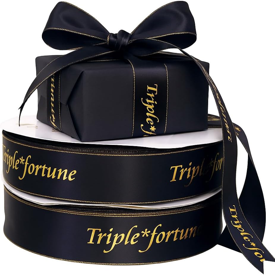 Amazon.com: Custom Logo Black Satin Ribbon with Gold Metallic Letters ...