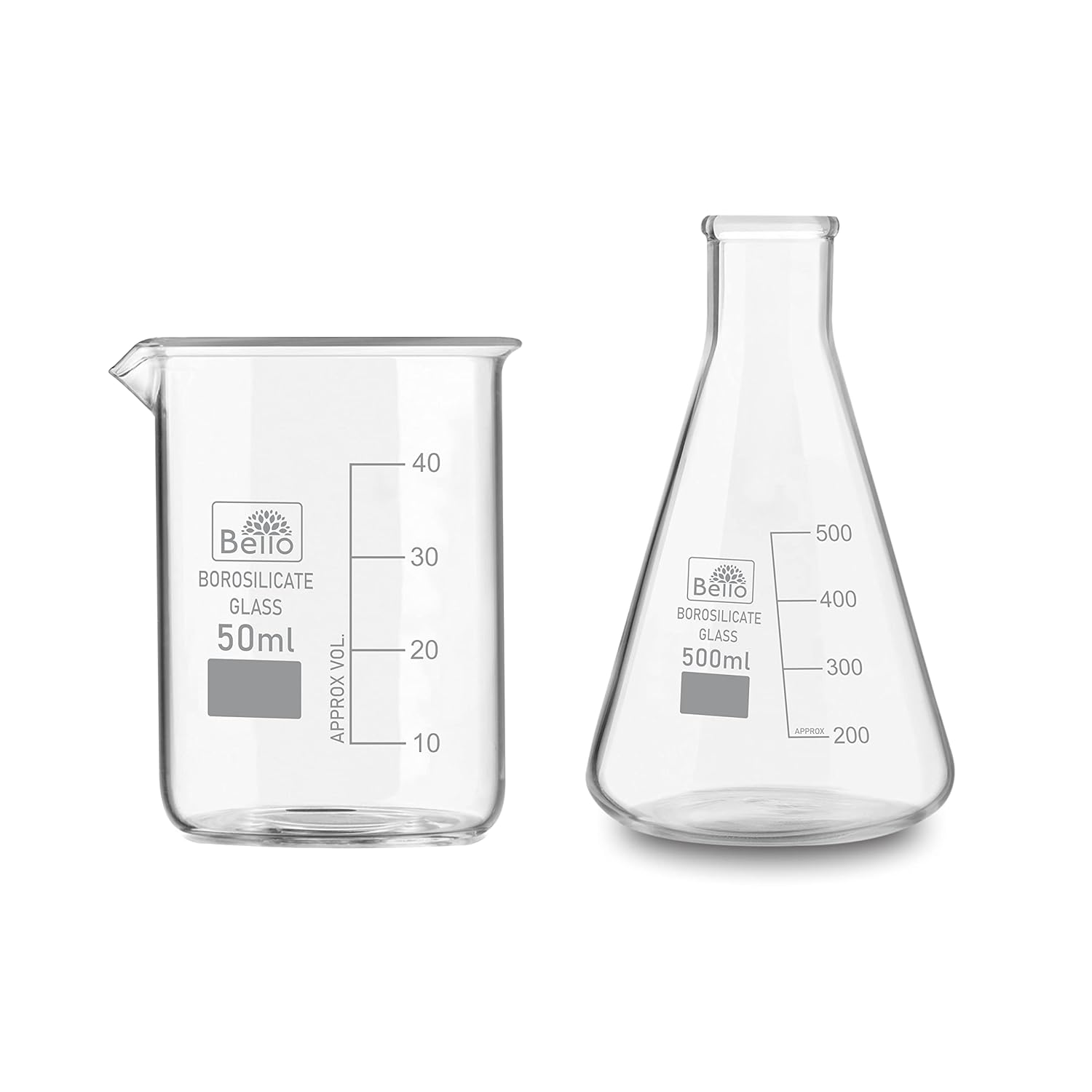 Bello Borosilicate 3.3 Glass Combo of Beaker and Conical Flask 50 ml ...