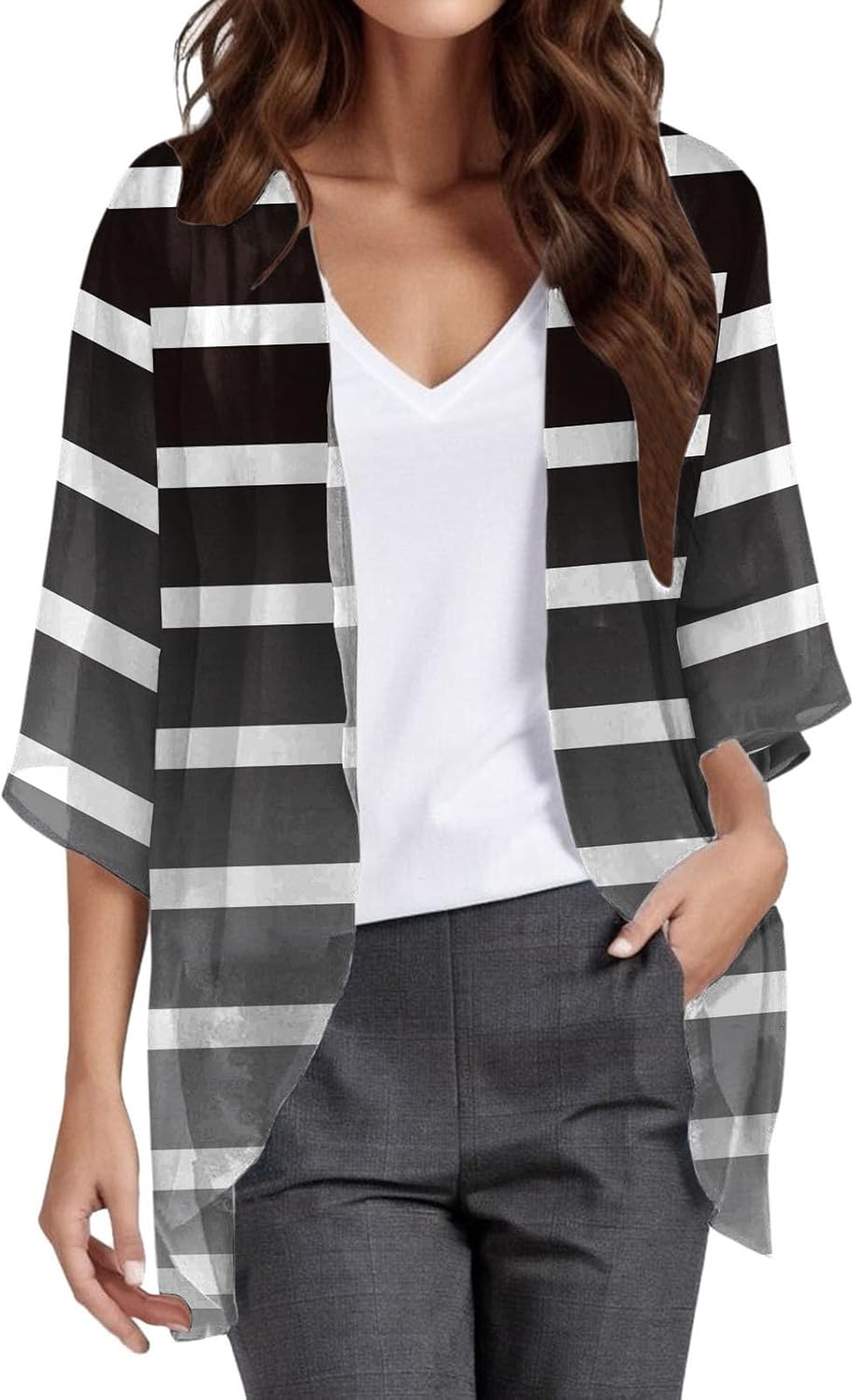 Cardigans for Women Dressy 3/4 Sleeve Chiffon Open Front Lightweight ...