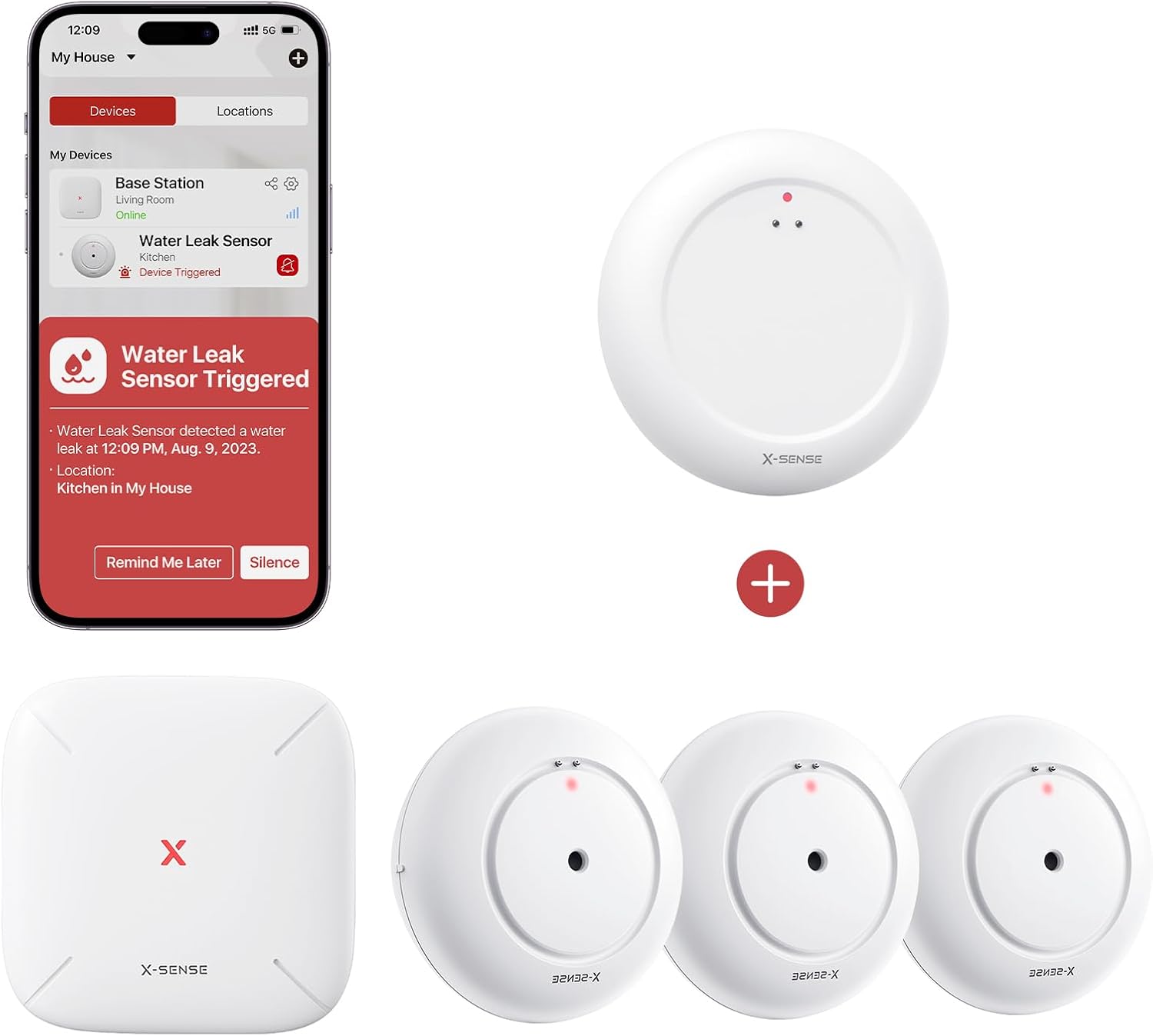 X-Sense Smart Water Leak Detector with SBS50 Base Station SWS54 and ...