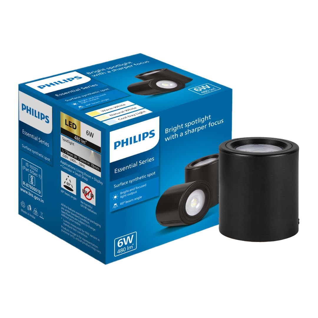 PHILIPS 6W Surface Mounted LED Spot Light | Synthetic Cylindrical COB Spot Down Light for Home ...