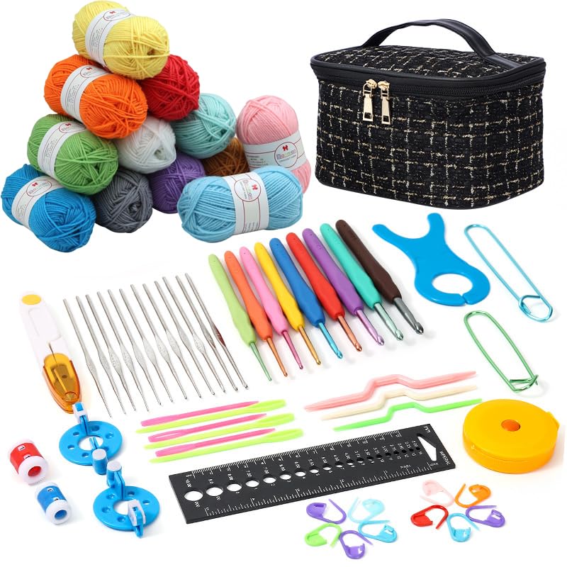 75 Pcs Crochet Kit for Beginners, Crochet Yarn, Knitting Kit with 12 ...