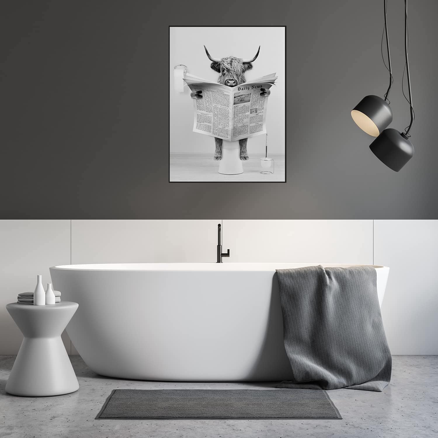 MKHFUW Scottish Highland Cow Wall Art Black and White Canvas Picture Cottage Bathroom Decorative ...