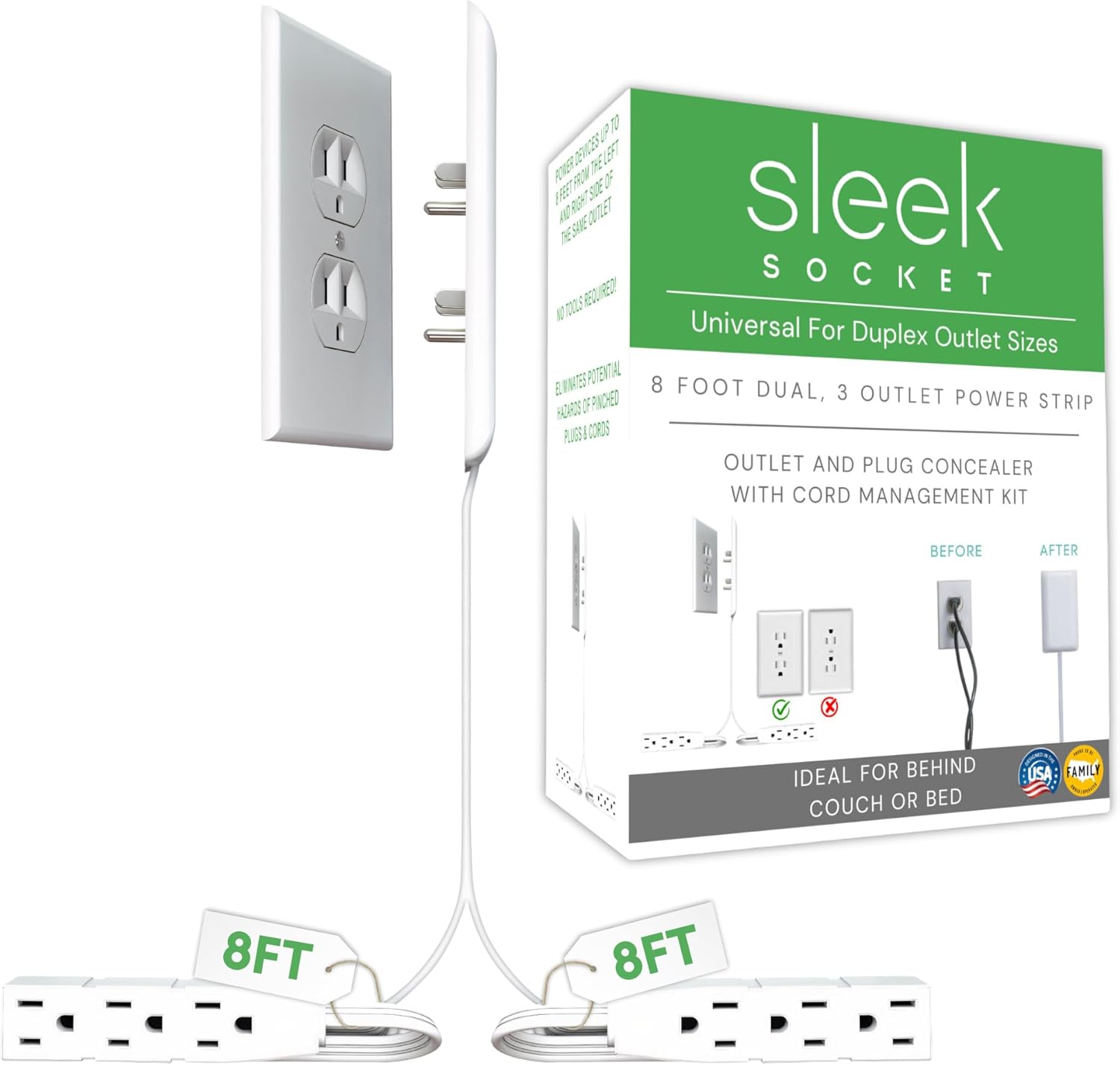 Sleek Socket Original & Patented Ultra-Thin Outlet Concealer with Cord ...