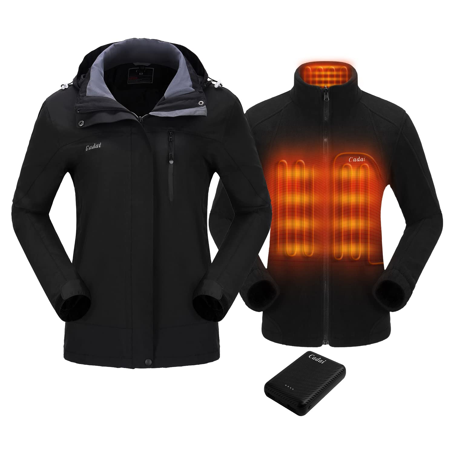 Cadai Women's 3-in-1 Heated Jacket with Battery Pack 5.2V, Waterproof ...