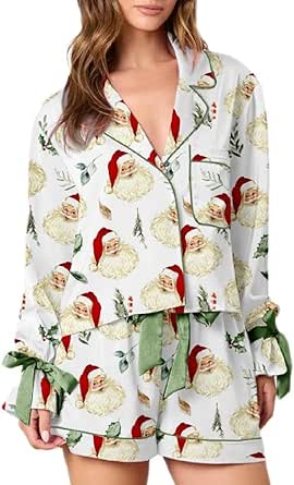 Argeousgor Women Christmas Satin Pajamas Bow Tie 2 Piece Pjs Set Long ...