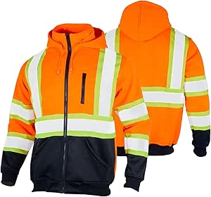 FONIRRA Hi Vis Safety Fleece Zip Hoodie for Men Reflective Sweatshirts ANSI Class 3 Jackets ...