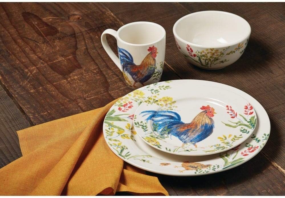Amazon.com | Farmhouse 16 Piece Round Garden Rooster Dishes Dinnerware ...
