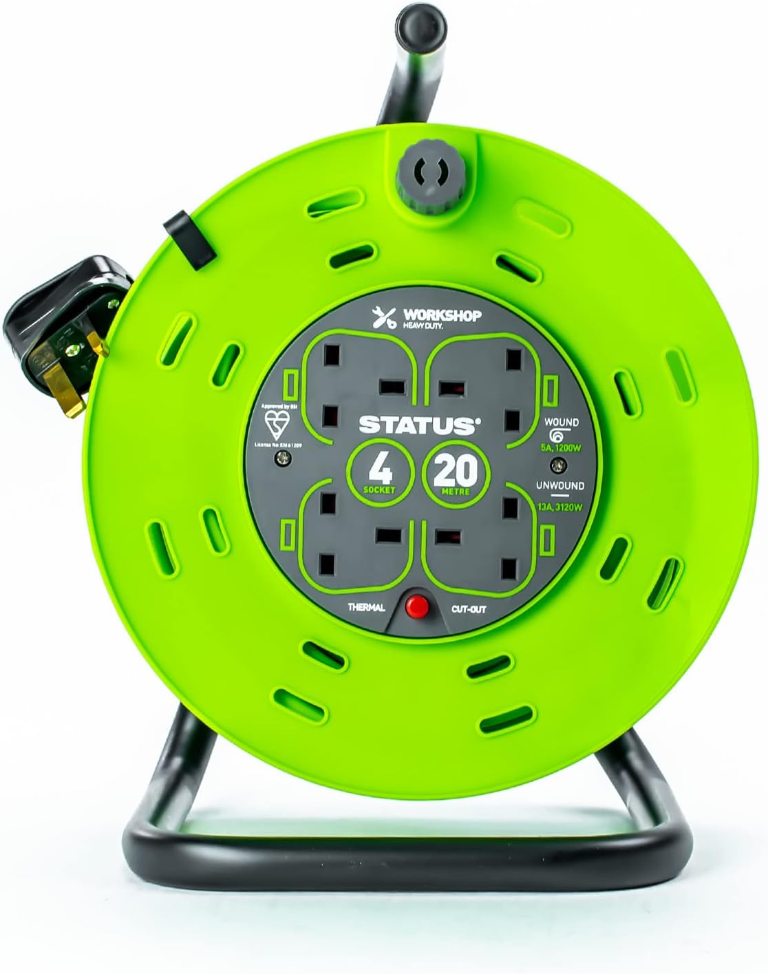STATUS 4 Socket Cable Reel, 20m, Green, 13 Amp, Thermal Cut Out, Heavy ...