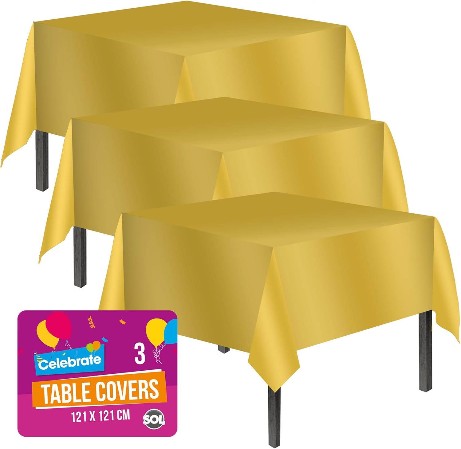 SOL 3pk Gold Table Cover 121x121cm Party Table Cloth Plastic Disposable ...