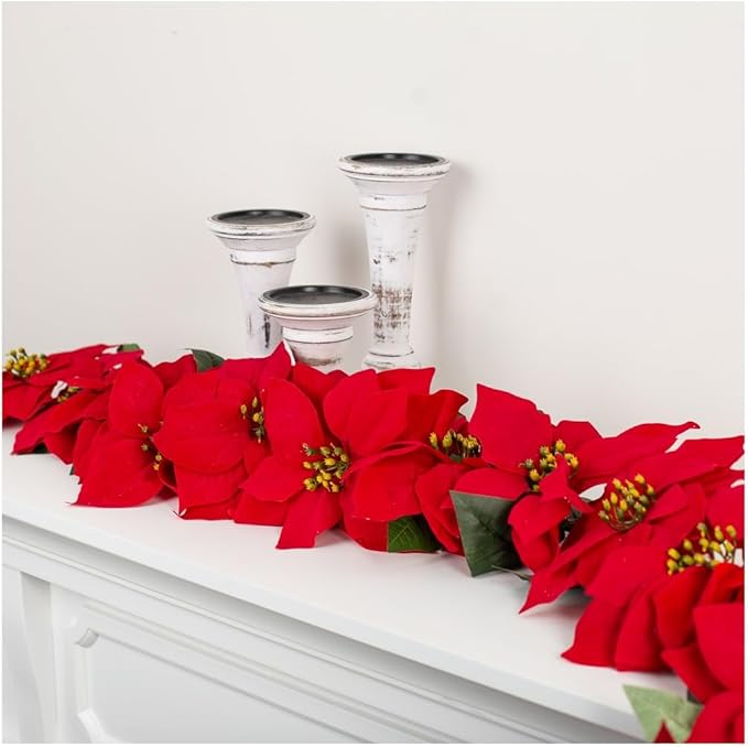 Amazon.com: Red Velvet Artificial Poinsettia Garland by Factory Direct ...