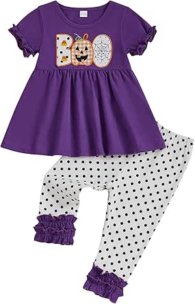 Amazon.com: Tuwetueua Toddler Baby Girl Halloween Outfit Pumpkin Print Short Sleeve Shirt and ...