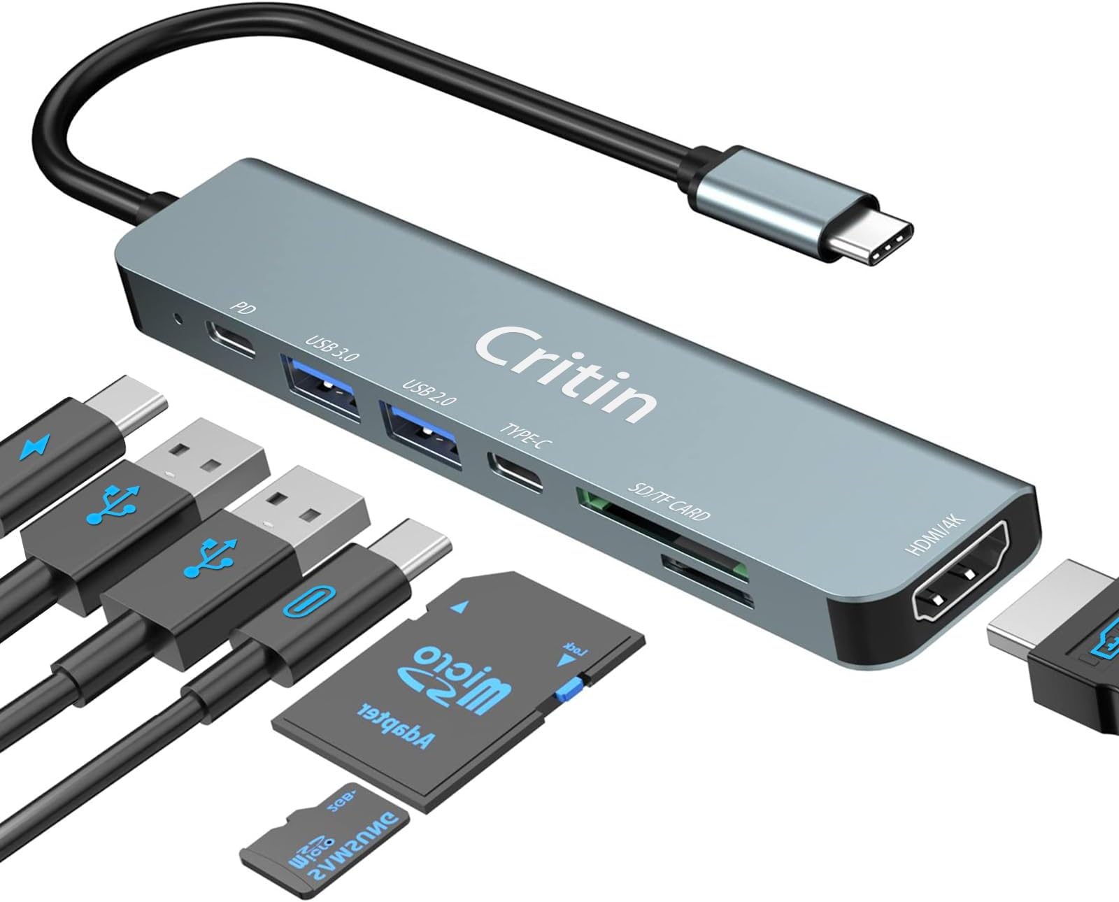 7-in-1 USB C Hub Multiport Adapter, 4K HDMI, SD/TF Card Reader, 100W PD Charging, USB-C & 2 USB ...