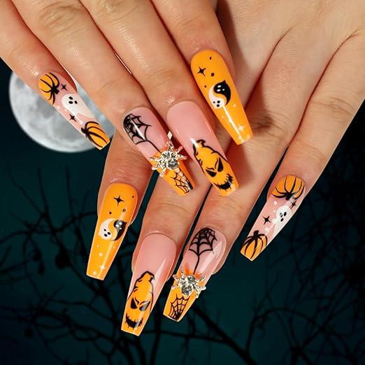 Amazon.com: 24 Pcs Halloween Press on Nails Long Coffin Square Fake ...