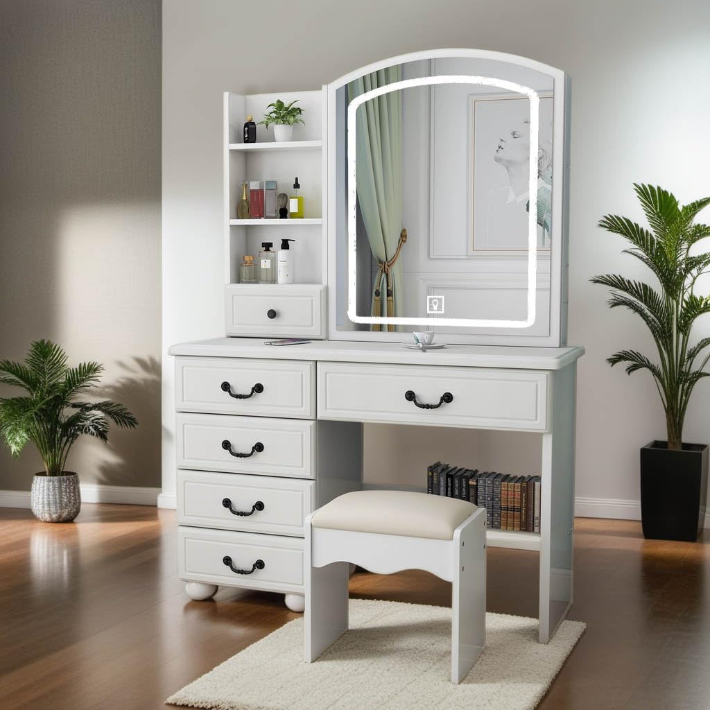 Amazon.com: RIDFY Makeup Vanity with Mirror and Lights,Modern Bedroom ...