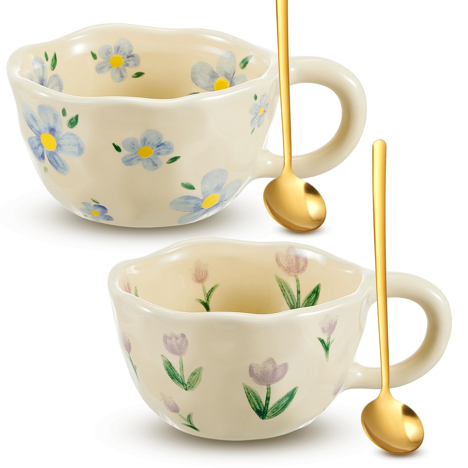 Amazon.com: Vesici 2 Pcs Ceramic Coffee Mugs Flower Mugs with Spoon ...