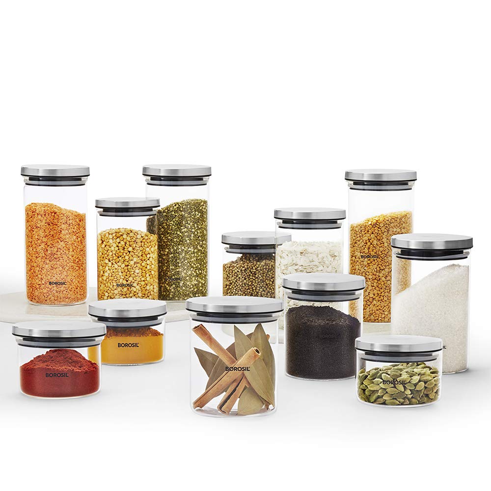 Buy Borosil 12pc Glass Jar Set with Airtight Steel Lid | Borosilicate ...