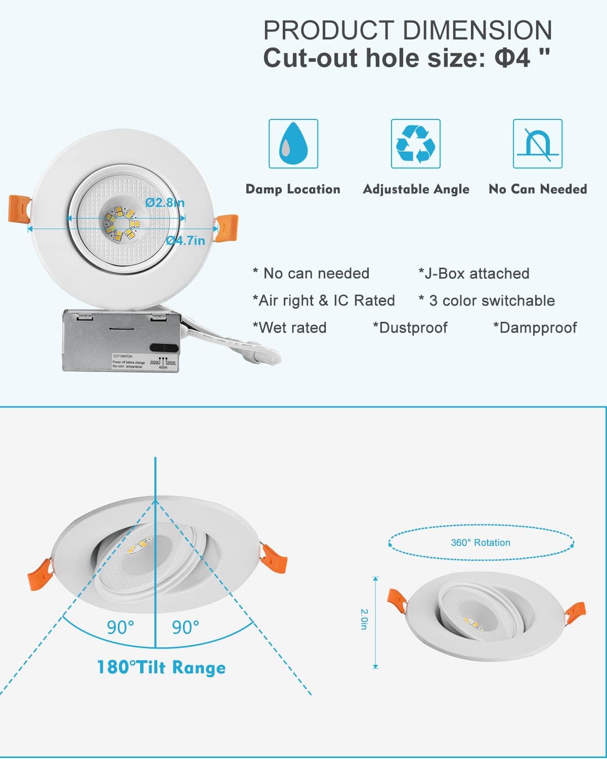 Buy 4 inch LED Gimbal Recessed Light, 38° Beam Angel for Picture Walls ...