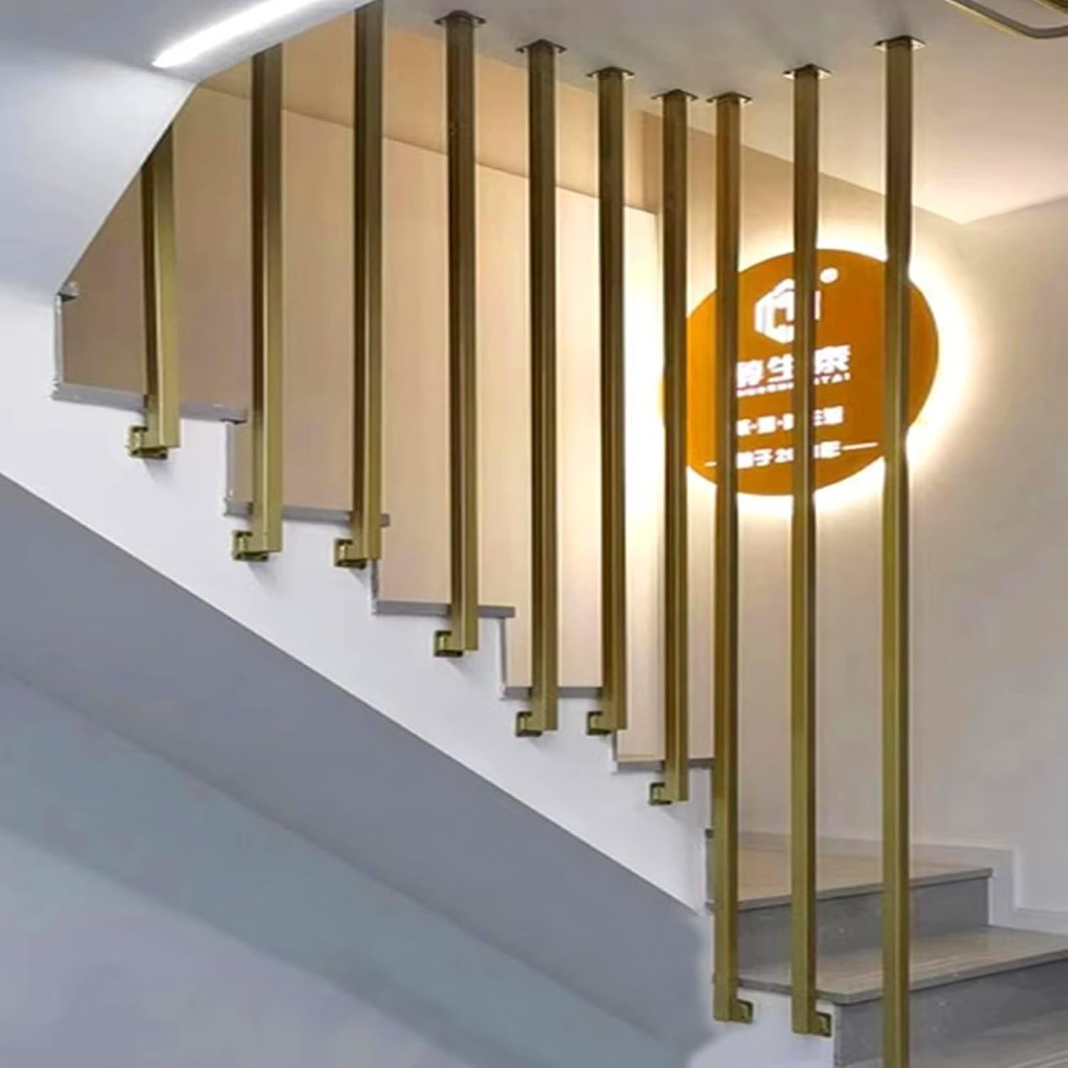 Overhead Suspended Stair Guardrails, Golden Forged Iron Angled Step ...