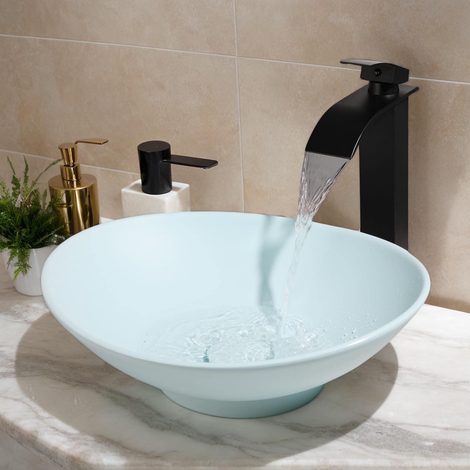 Sinku Mccut Oval Vessel Sink with Faucet and Drain Combo Blue Bathroom ...