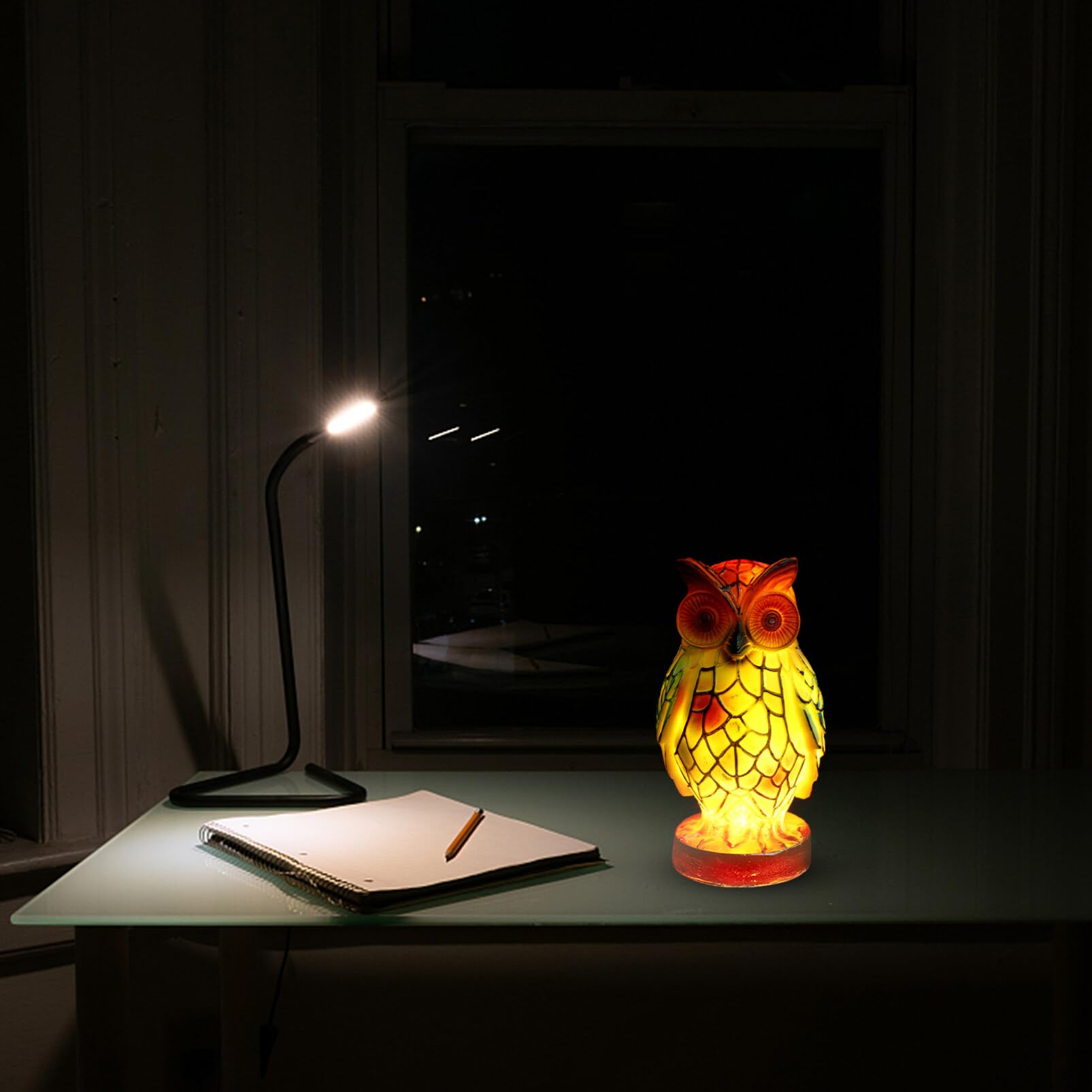 HOMSFOU Owl Night Lamp Table Animal Lamp Owl Shaped Desk Light Stained ...