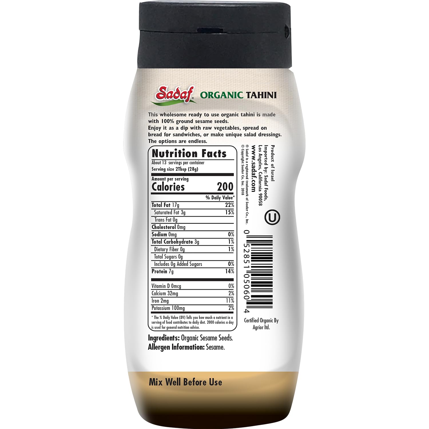 Snapklik.com : Sadaf Organic Sesame Tahini Squeeze Bottle 12.35 Oz 100% ...