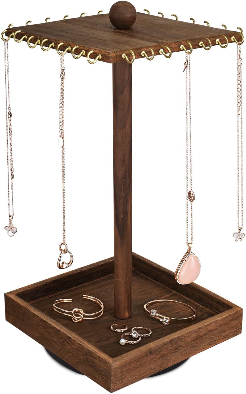 Amazon.com: UCUDI Wooden Rotating Necklace Holder Jewelry Organizer ...