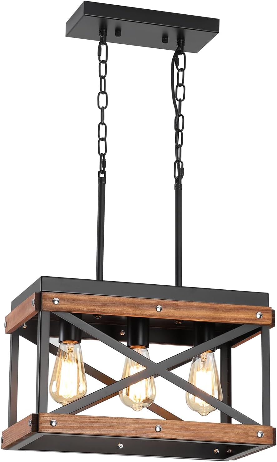 Rustic Farmhouse Wood Kitchen Island Lighting, 3 Lights Linear Pendant ...