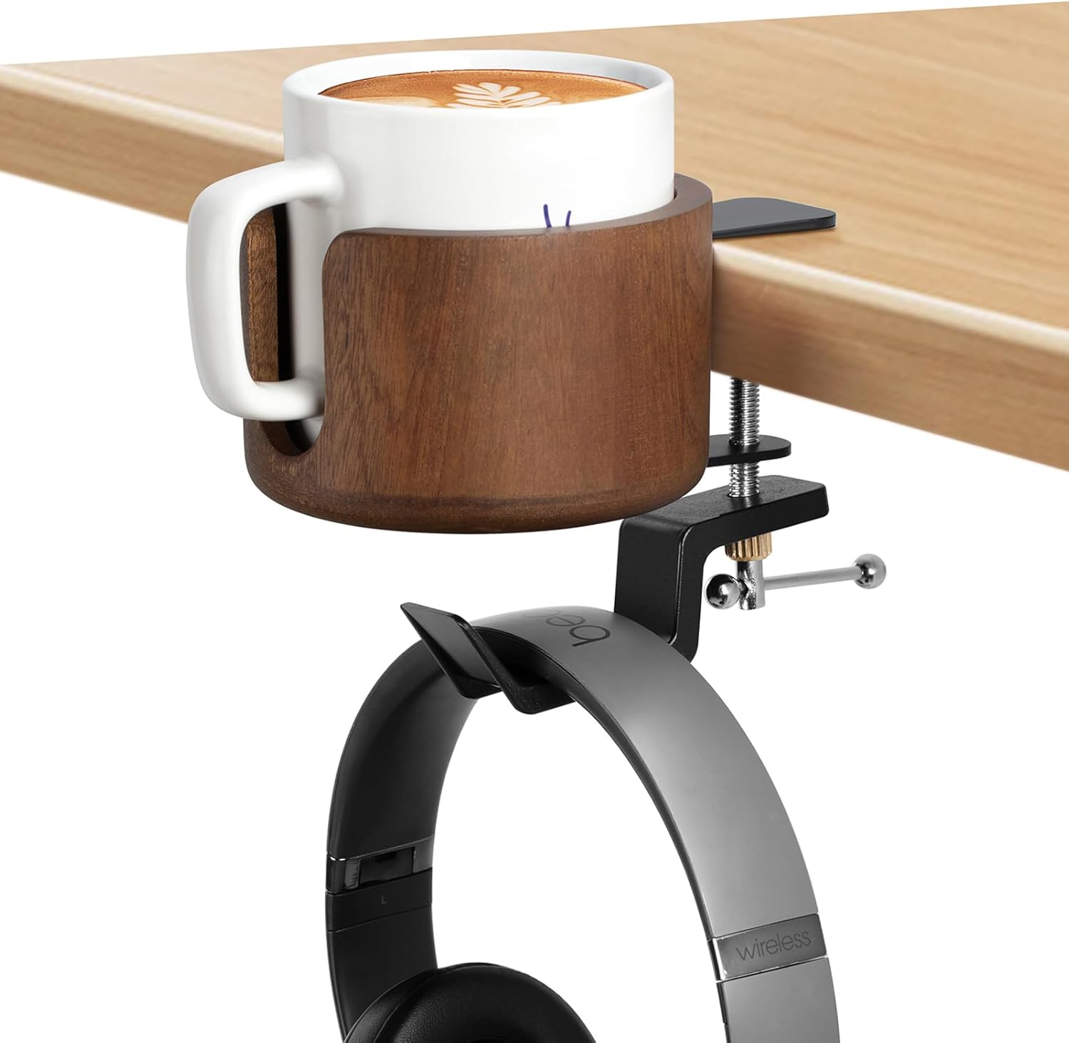 Wood Desk Cup Holder,2 in 1 Desk Cup Holder clamp with Headphone Hanger ...