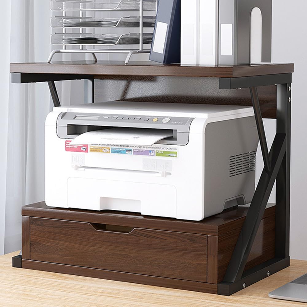 2-Tier Printer Desktop Stand with Drawer, Home Office Tabletop Storage ...