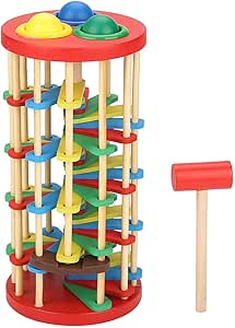 Wooden Ball Drop Toy,Pound Roll Ramp Toys Roll Wood Tower with Hammer ...