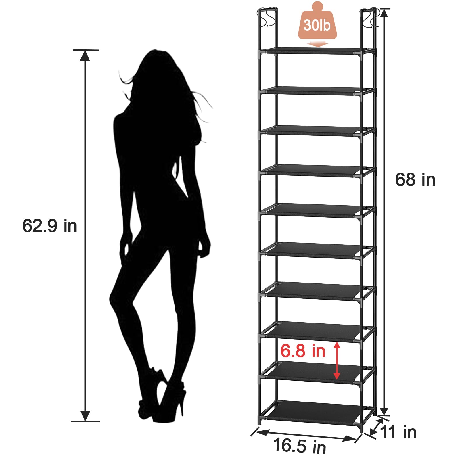 Finew 10 Tiers Tall Shoe Rack Organizer, Vertical Metal Shoe Shelf for ...