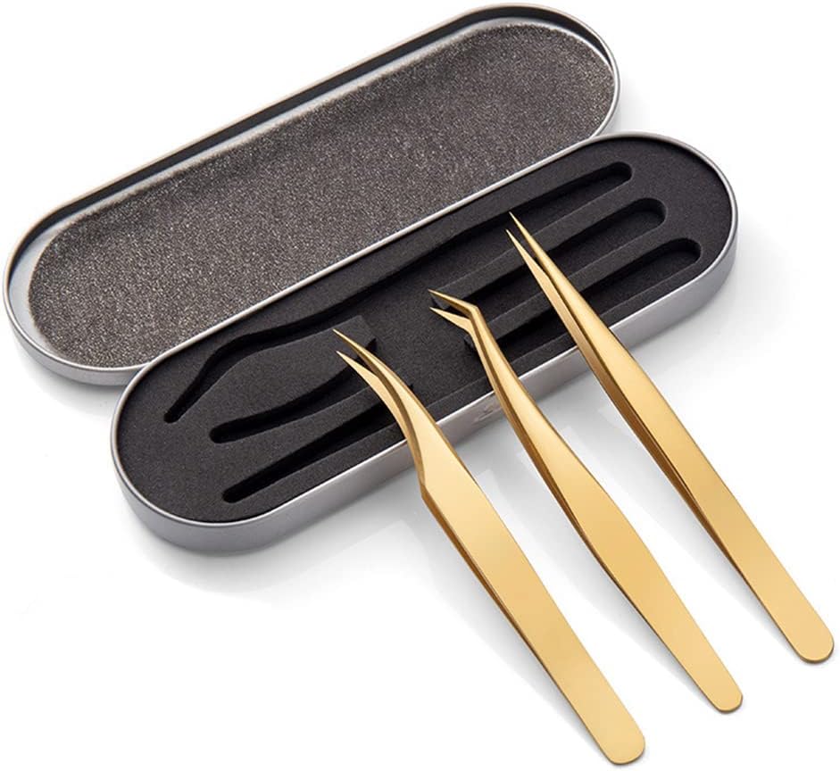 3 pinzas de extensión de pestañas doradas, punta recta y curvada ...