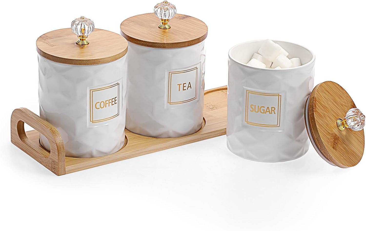 JuxYes 3 Pack Ceramic Canister Jars Set with Bamboo Lids and Wooden ...