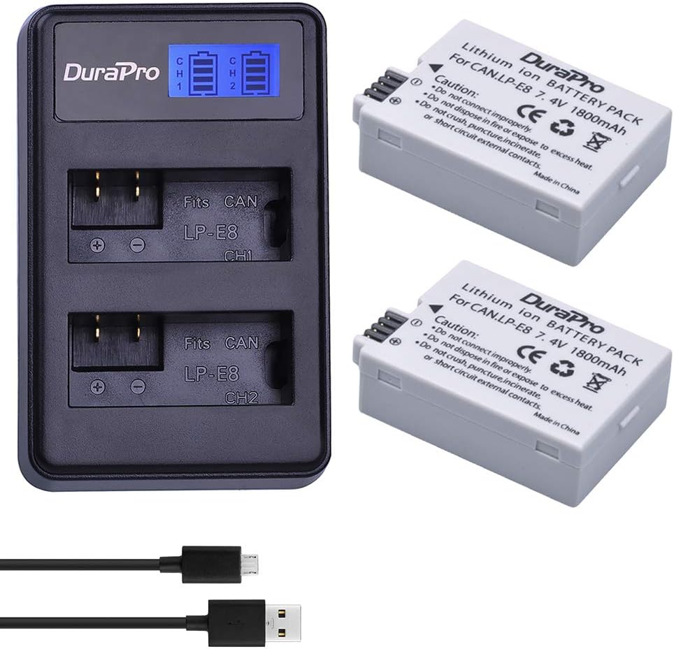 DuraPro 2Pcs LP-E8 Battery + LED USB Dual Charger for Canon EOS 550D ...