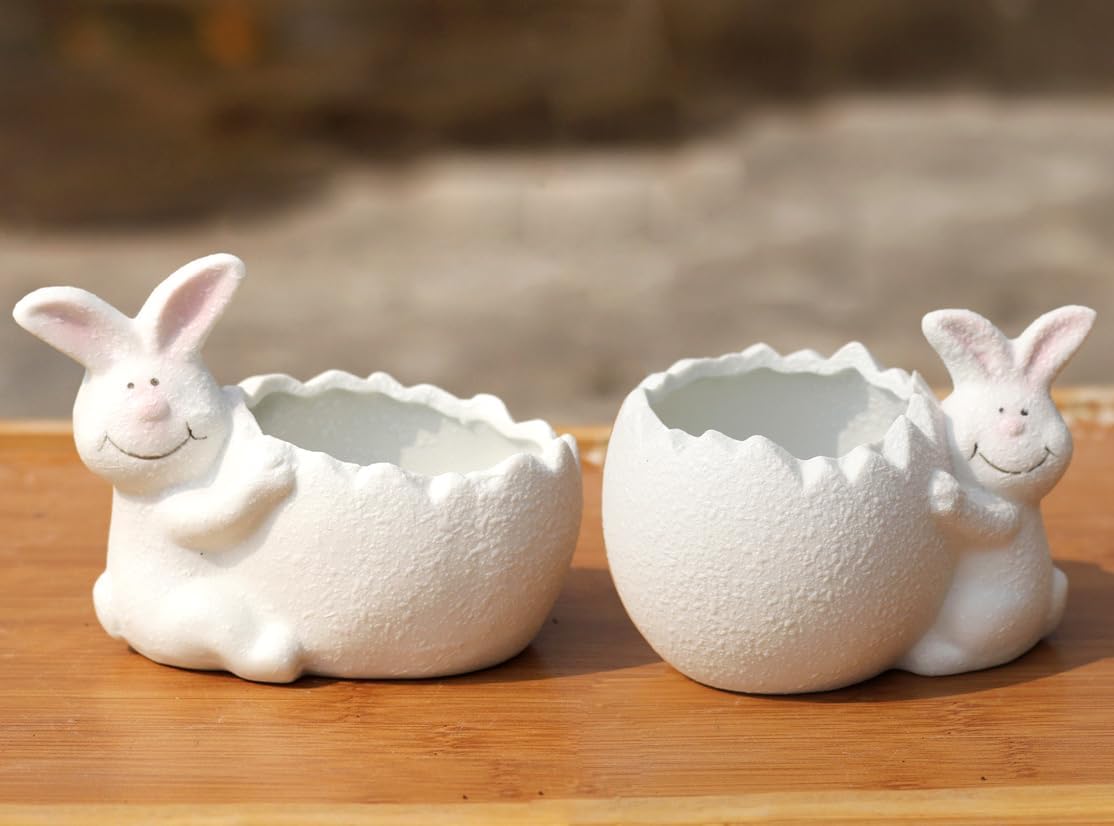 Amazon.com : 2 Pcs 3" White Easter Rabbits with Egg Shell Planter Pots ...