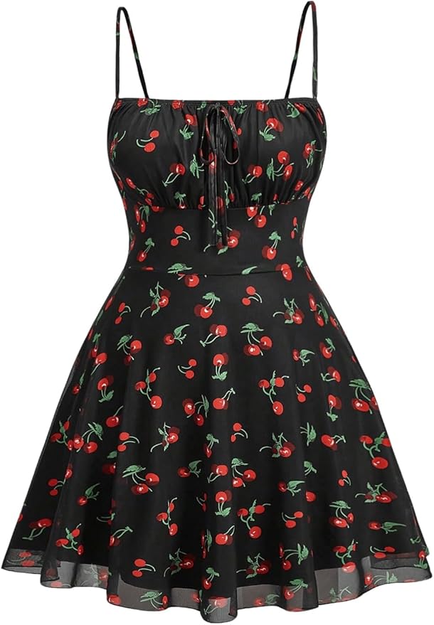 WDIRARA Women's Plus Size Cherry Print Tie Front Ruffle Hem A Line Cami ...