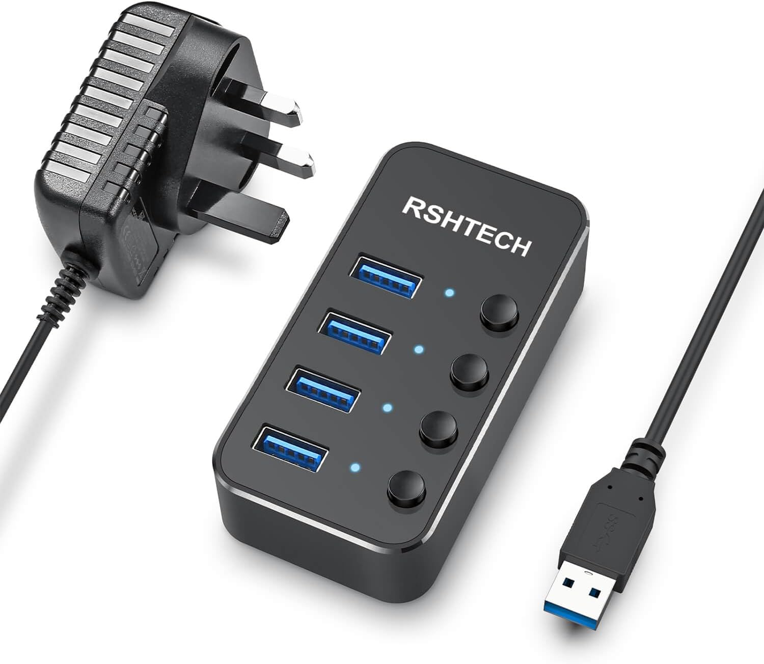 RSHTECH Powered USB Hub Aluminum 4-port USB 3.0 Hub with 5V/2A Power ...